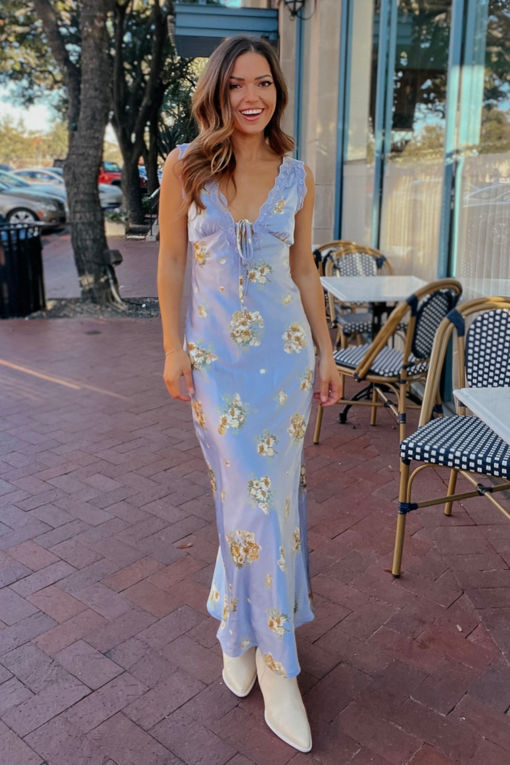 Mia Powder Blue Floral Satin Long Dress – Thomas and Rye