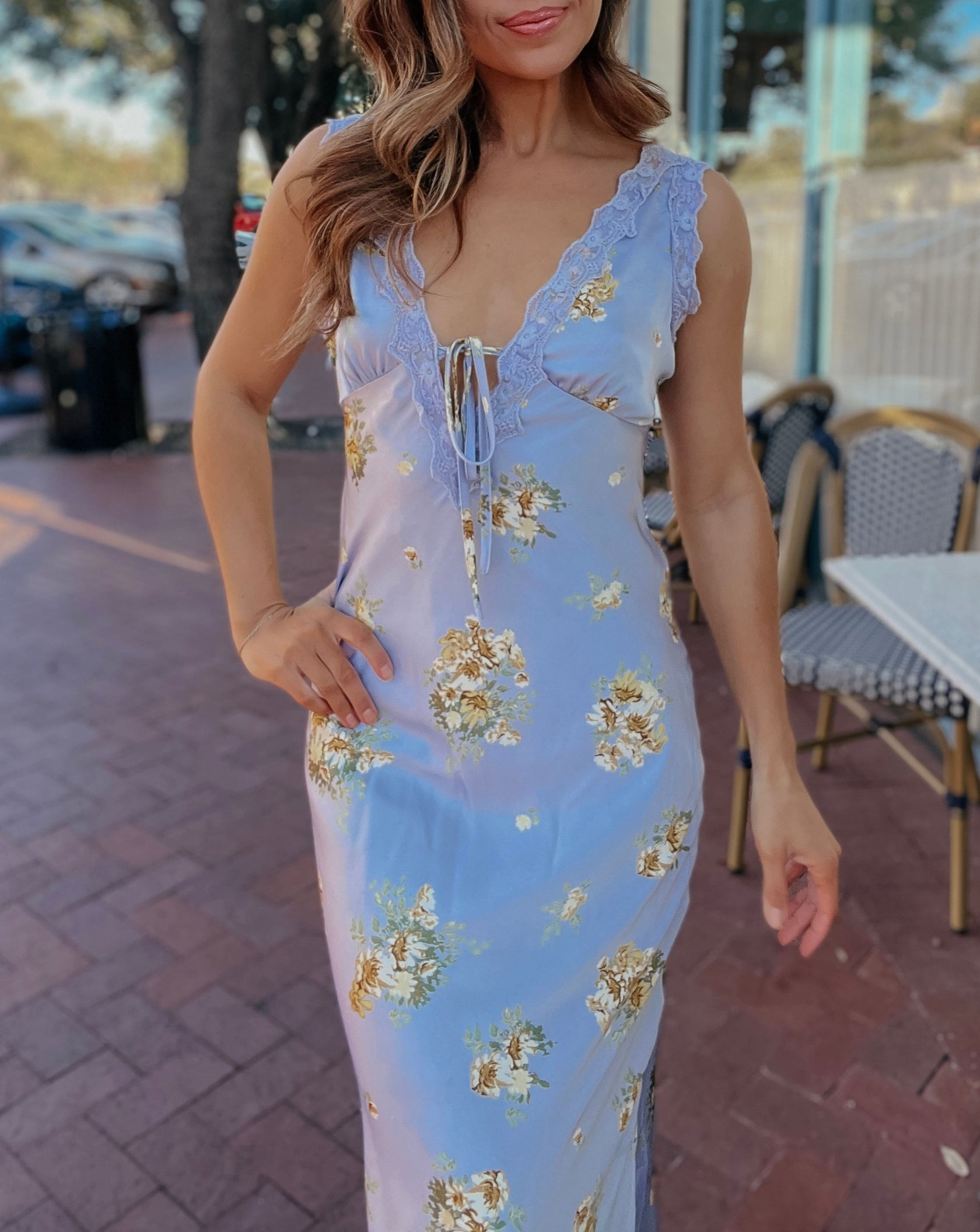 Mia Powder Blue Floral Satin Long Dress – Thomas and Rye