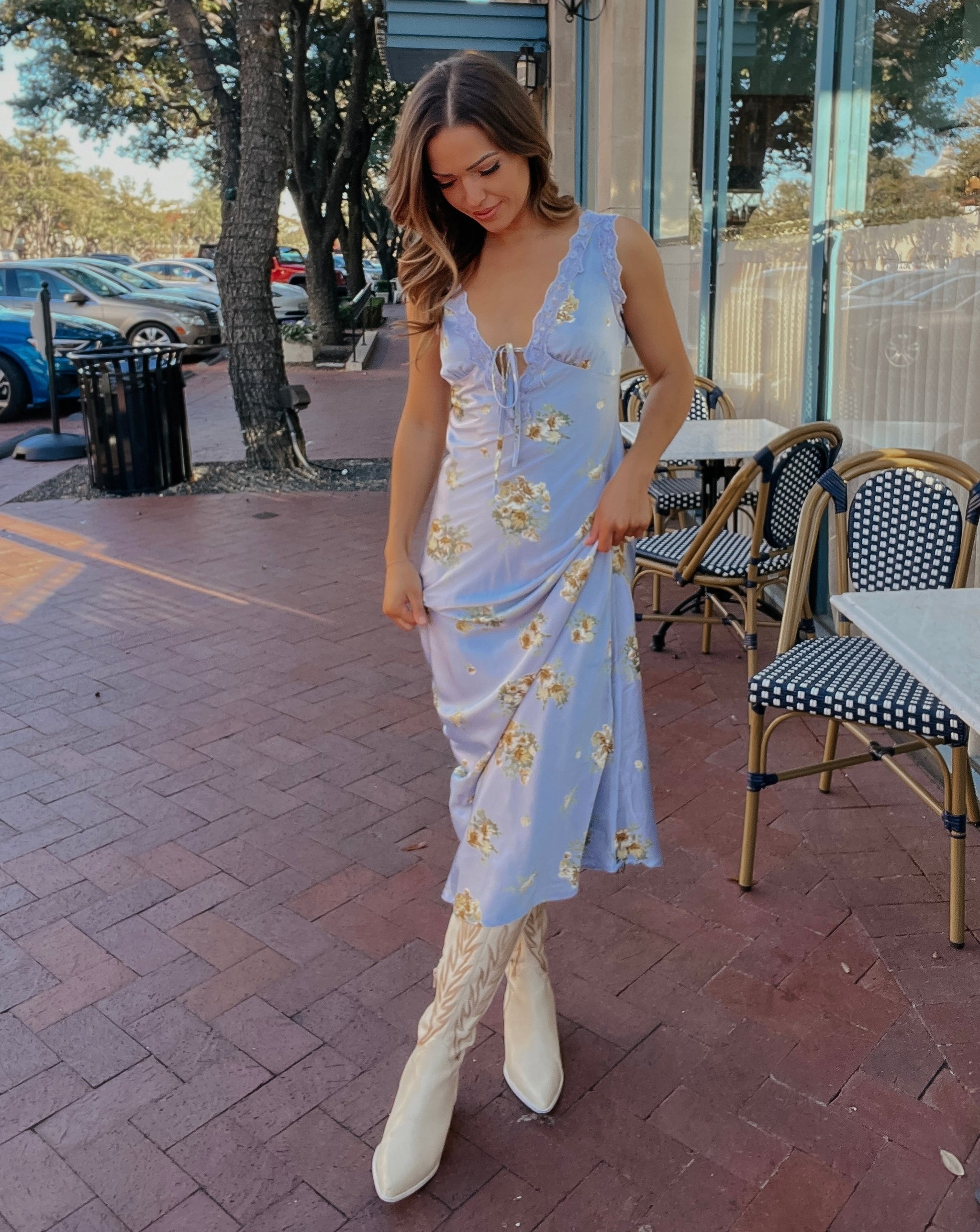 Mia Powder Blue Floral Satin Long Dress – Thomas and Rye