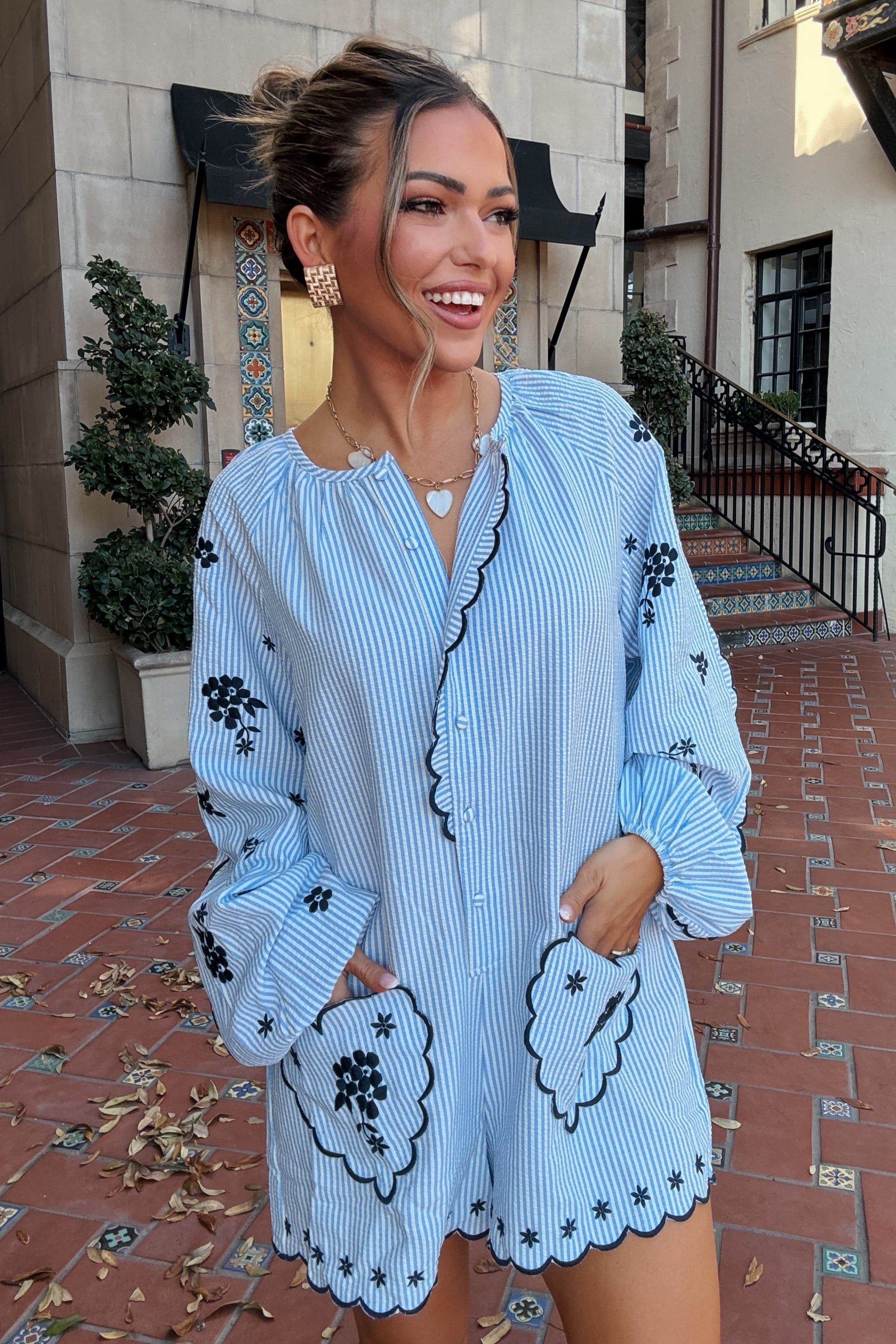 Ronnie Blue Seersucker Heart Embroidered Romper – Thomas and Rye