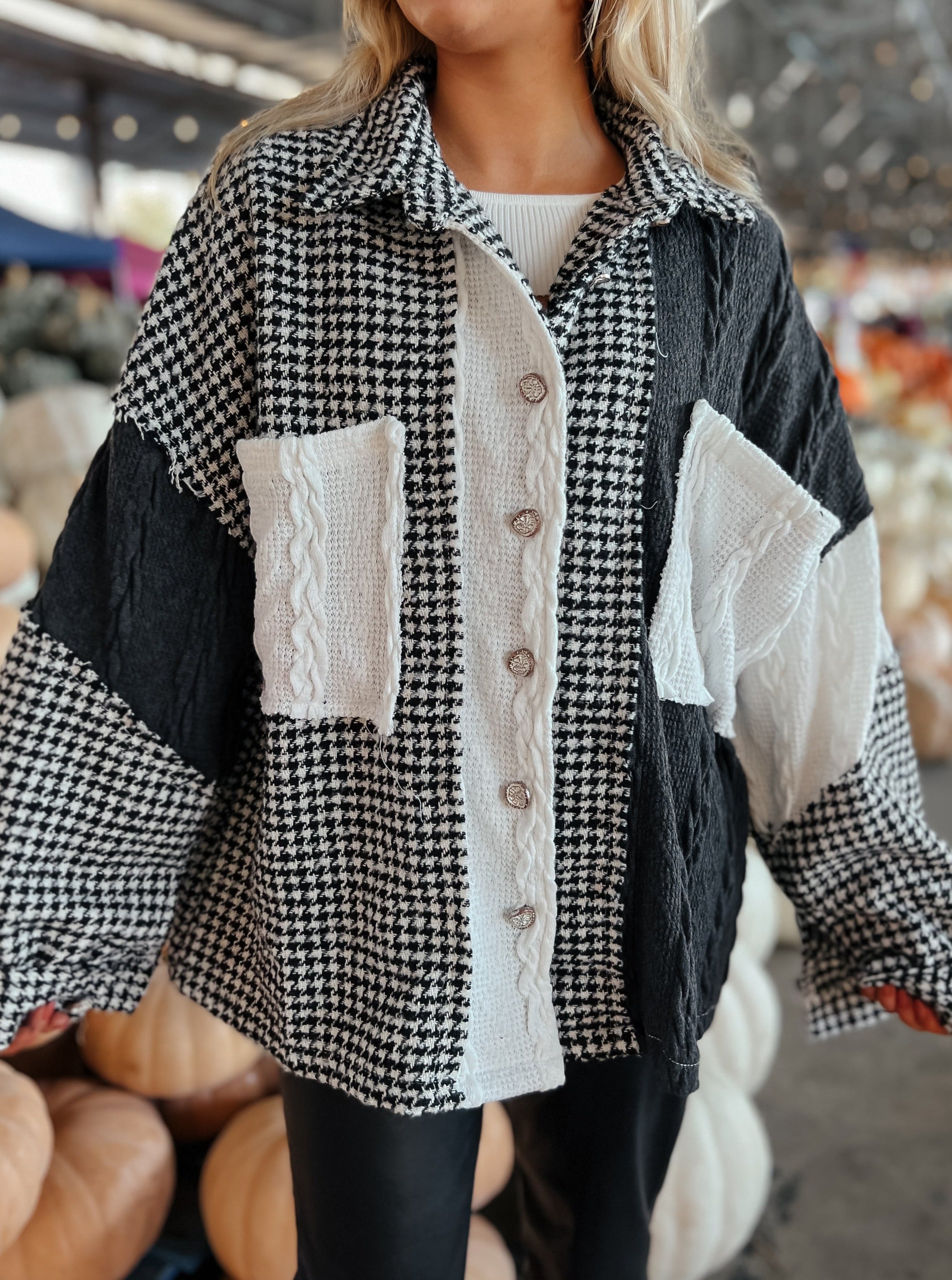 Janie Black + White Houndstooth Patchwork Shacket – Thomas and Rye